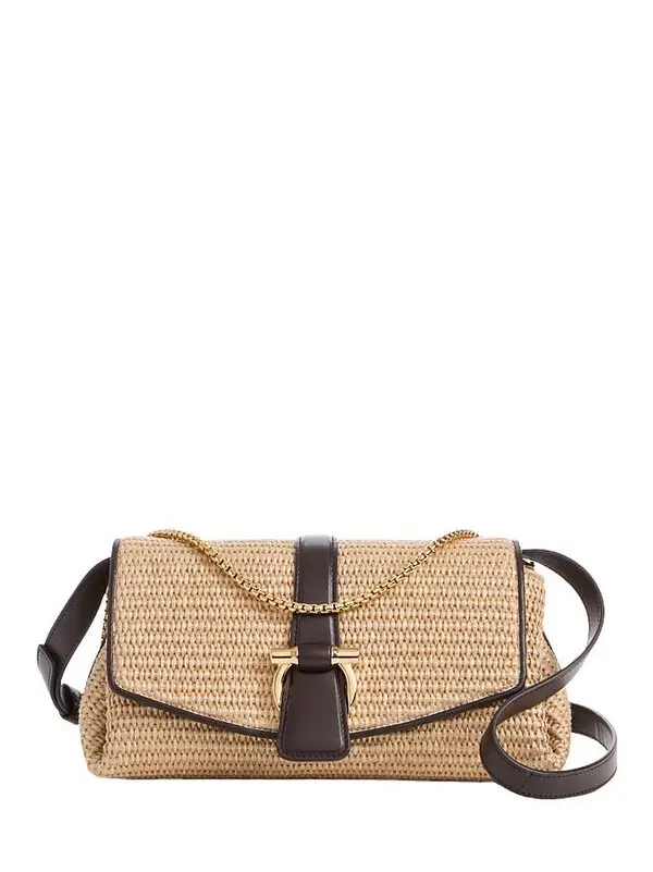 FERRAGAMO Mia Gancini Raffia Crossbody Bag - Naturale
