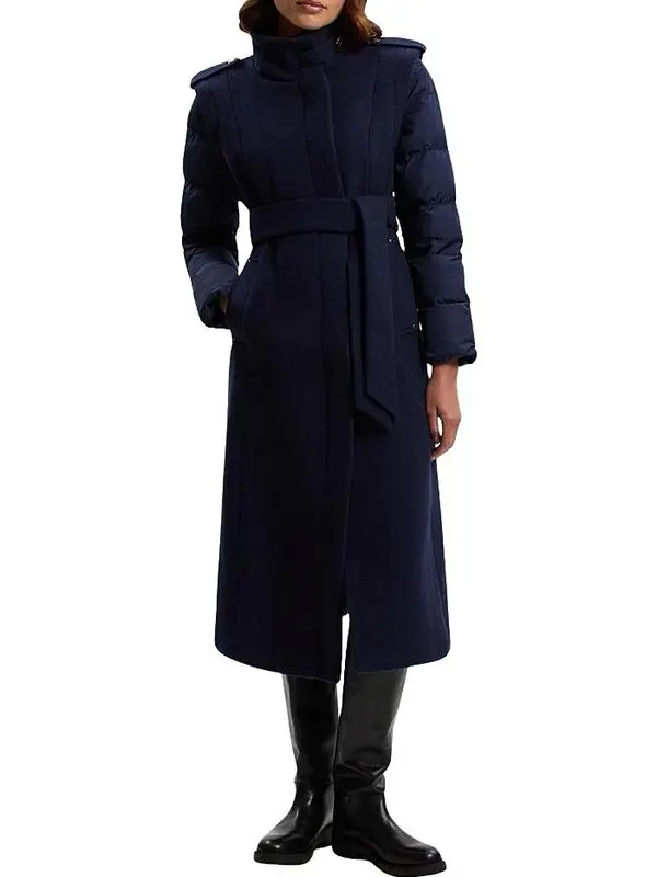 Karen Millen Wool High Neck Puffer Belted Midi Coat - Navy