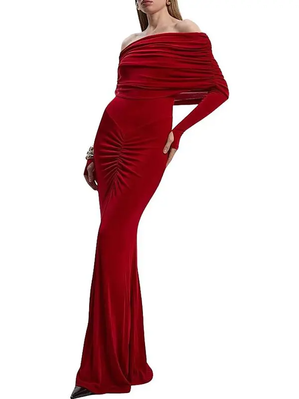Karen Millen Off-the-shoulder Ruched Fishtail Maxi Dress - Red