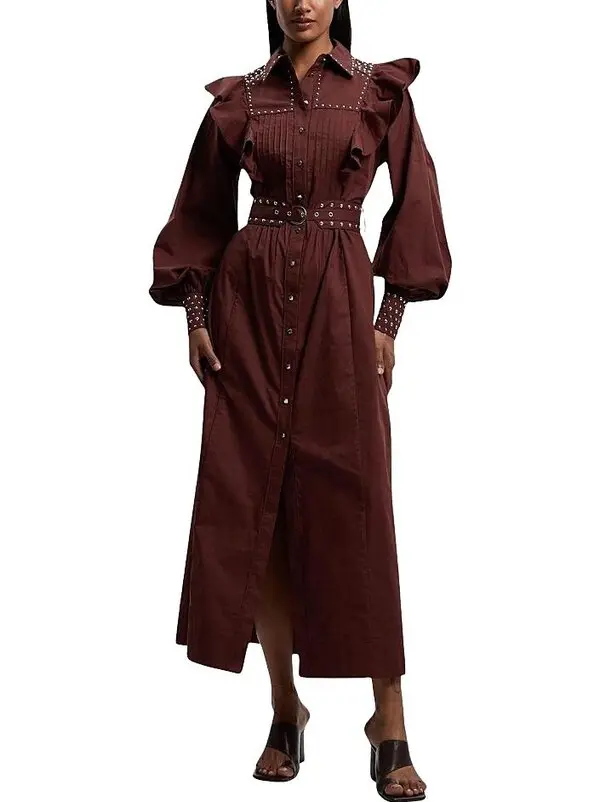 Karen Millen Studded Cotton Maxi Shirt Dress - Chocolate