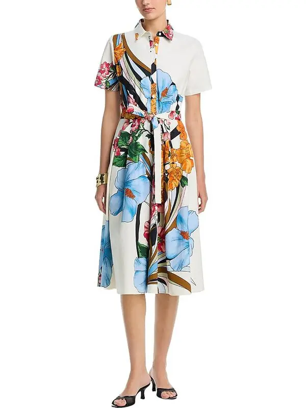 T Tahari Button Down Fit & Flare Dress With Tropical Print - Tropical Swirl