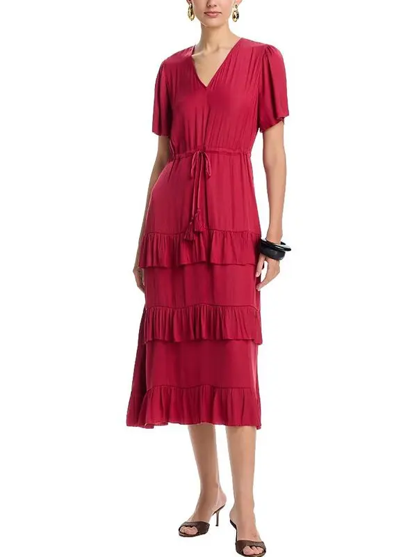 T Tahari V-neck Drawstring Waist Tiered Midi Dress - Summer Rose