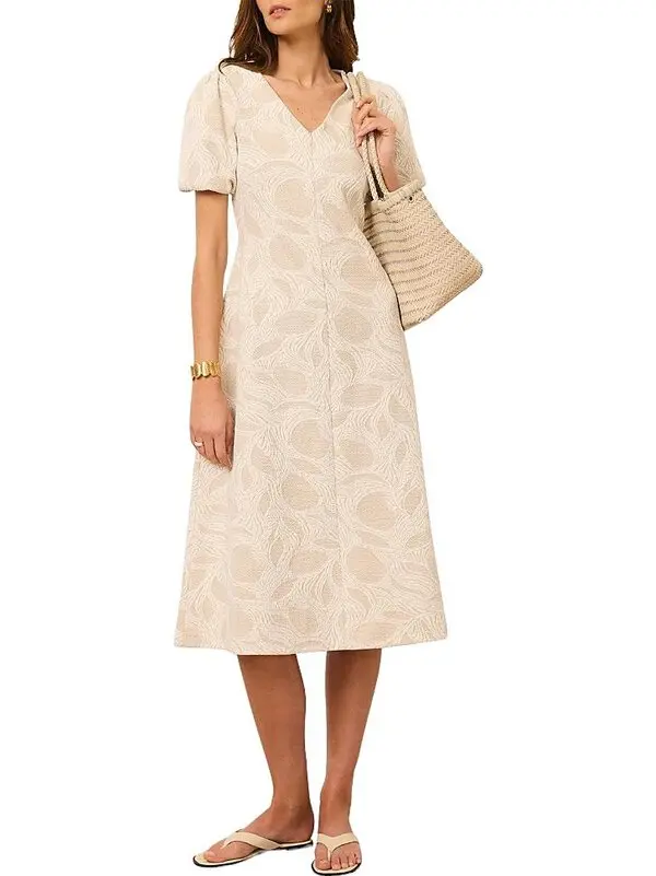 Mint Velvet Jacquard Puff Sleeve V-neck Midi Dress - Cream