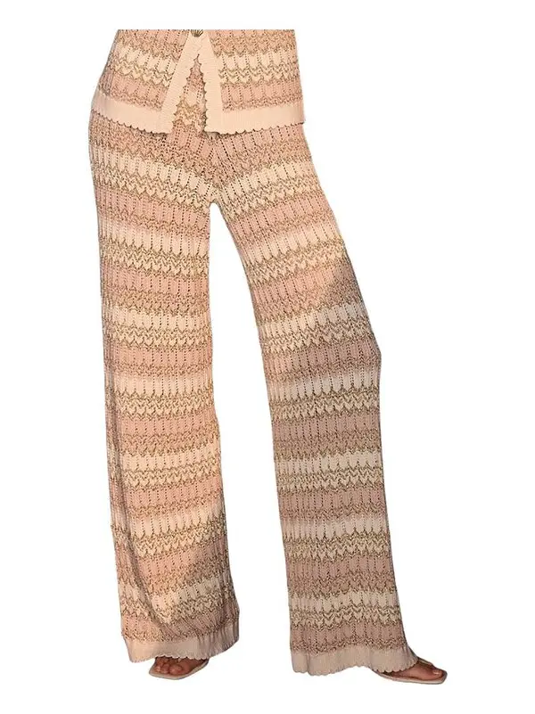 Mint Velvet Striped Knit Wide Leg Trousers With Metallic Thread And Scallop Hem - Neutral