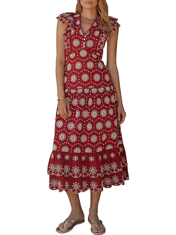 Mint Velvet Cotton Broderie Drop Waist Midi Dress - Red