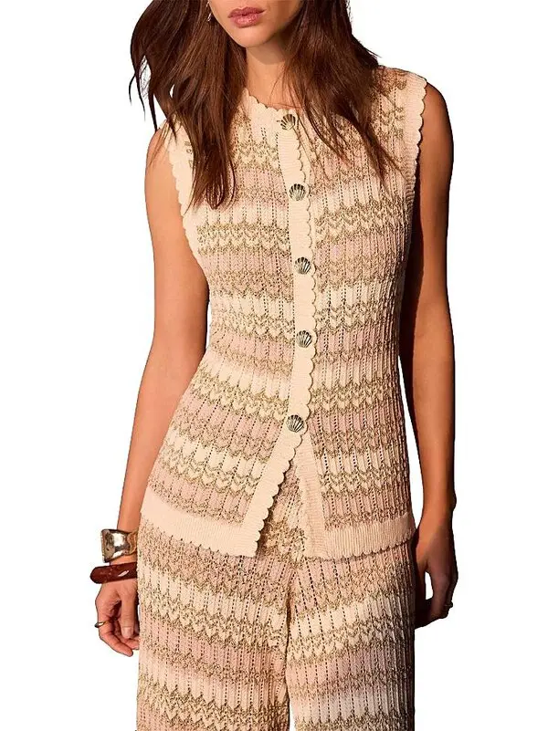 Mint Velvet Striped Knit Waistcoat With Scallop Trim - Neutral