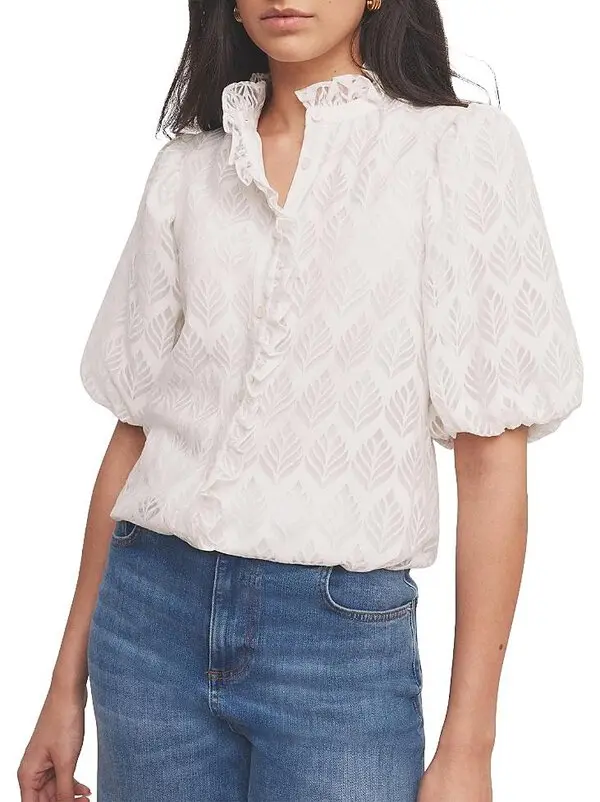 Mint Velvet Jacquard Ruffle High Neck Puff Sleeve Blouse - White