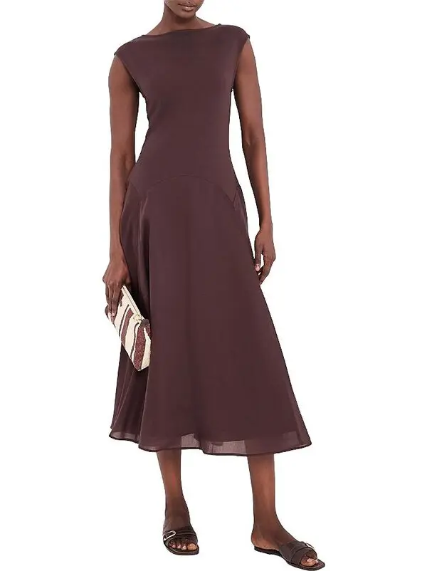 Mint Velvet Sleeveless Midi Dress With Slash Neckline And Godet Hem - Brown