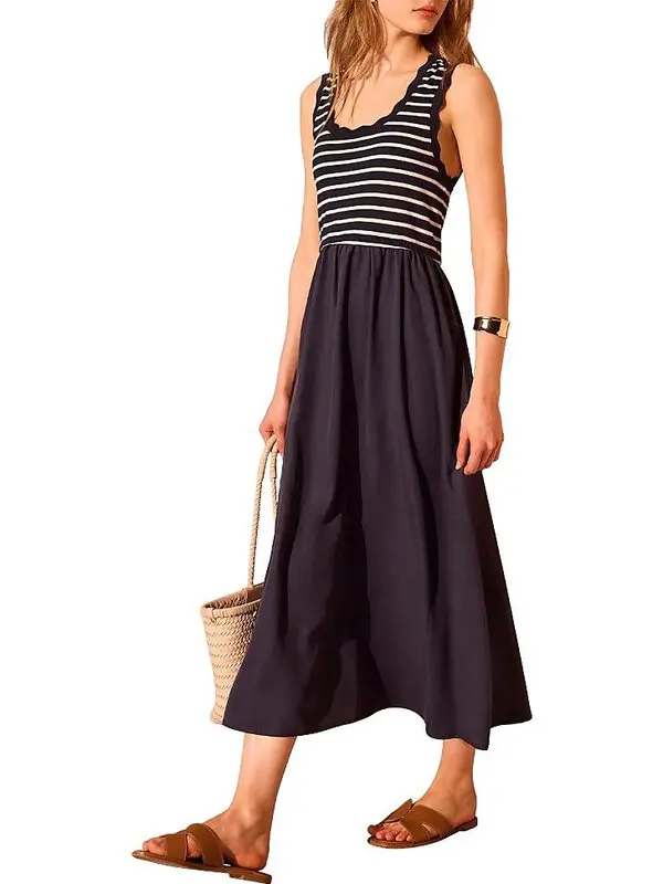 Mint Velvet Striped Scallop Trim Midi Dress - Navy