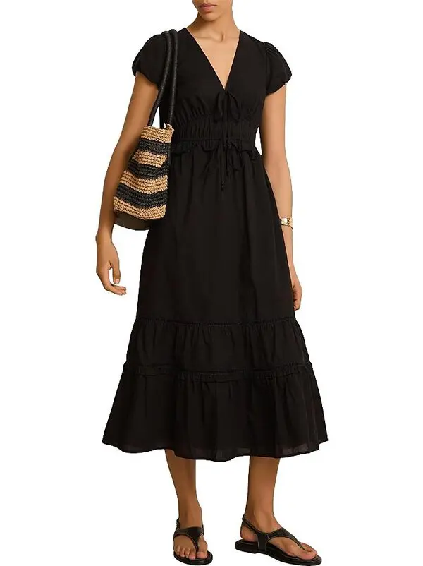Mint Velvet Cotton Midi Dress With V-neck And Puff Sleeves - Black