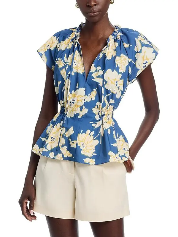 Tanya Taylor Ivana Floral Print Cotton Top - French Blue Multi