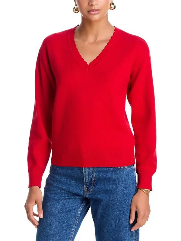 Aqua Scalloped V-neck Sweater - Red