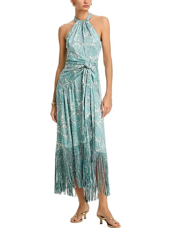 Cinq À Sept Teresa Hendrix Paisley Dress With Fringe - Gardenia/blue Graphite