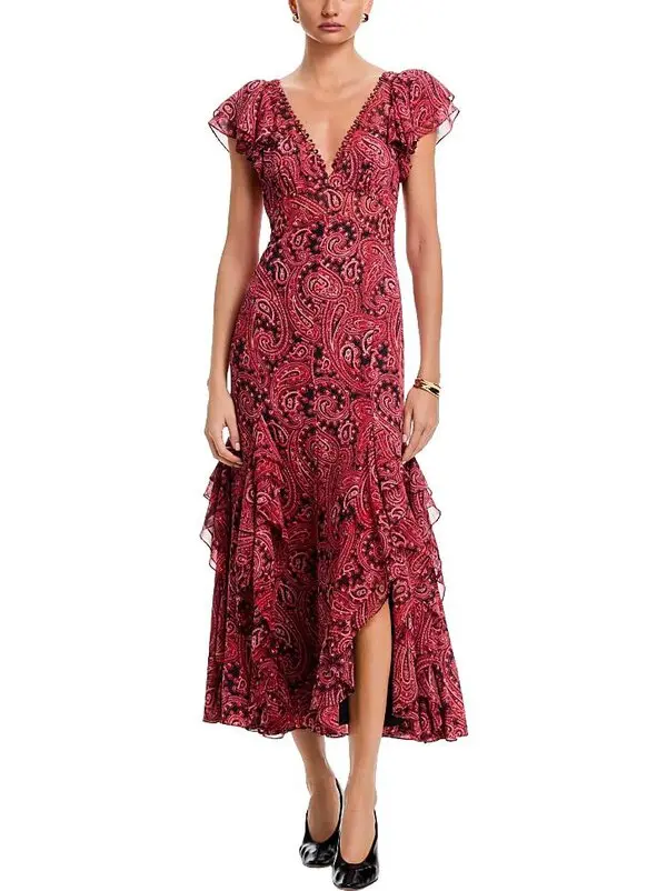 Cinq À Sept Paisley Print Ruffled Midi Dress - Obsidian/jasper Pink