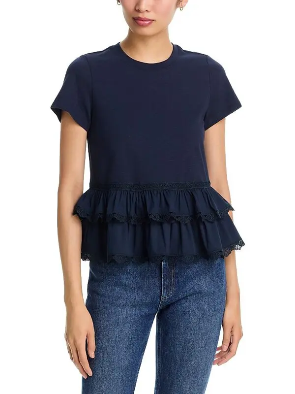 Cinq À Sept Astrid Ruffled Lace-trimmed Cotton Top - Navy