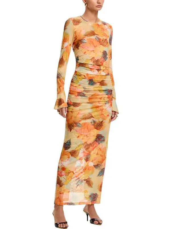 Cinq À Sept Watercolor Floral Ruched Maxi Dress - Smoke Sand