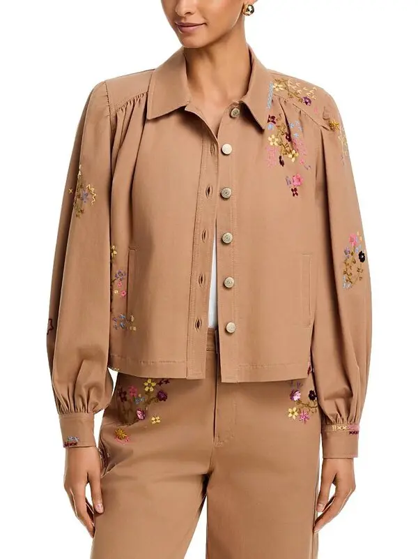 Cinq À Sept Wildflower Embroidered Jean Jacket - Brown Sand