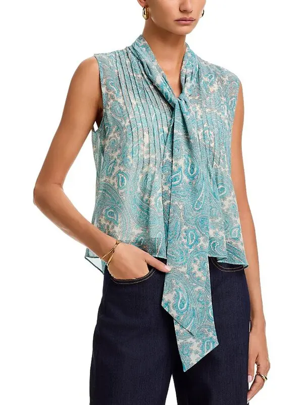 Cinq À Sept Paisley Print Sleeveless Top With Tie Detail - Gardenia/blue Graphite