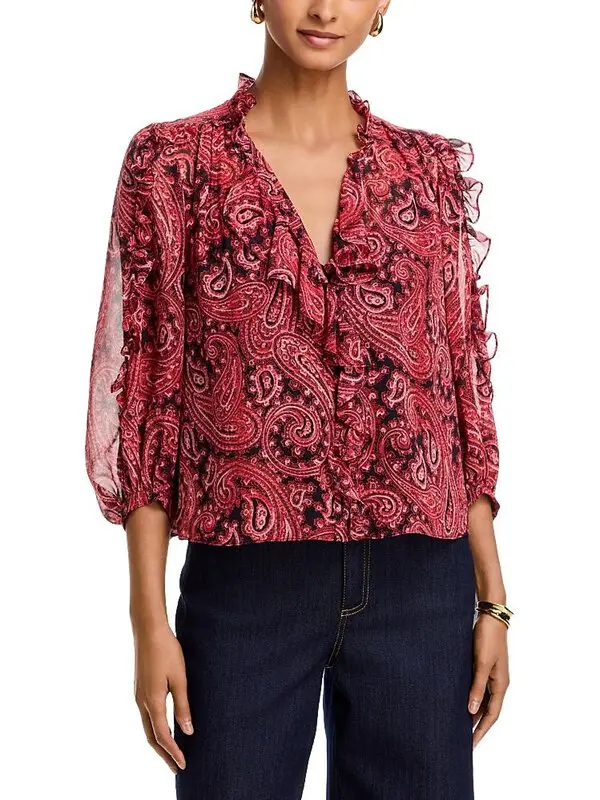 Cinq À Sept Paisley Ruffle Blouse - Obsidian/jasper Pink