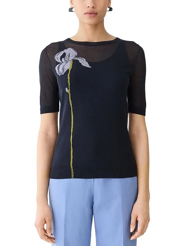 Lafayette 148 New York Intarsia Flower Crewneck Sweater - Ink Multi