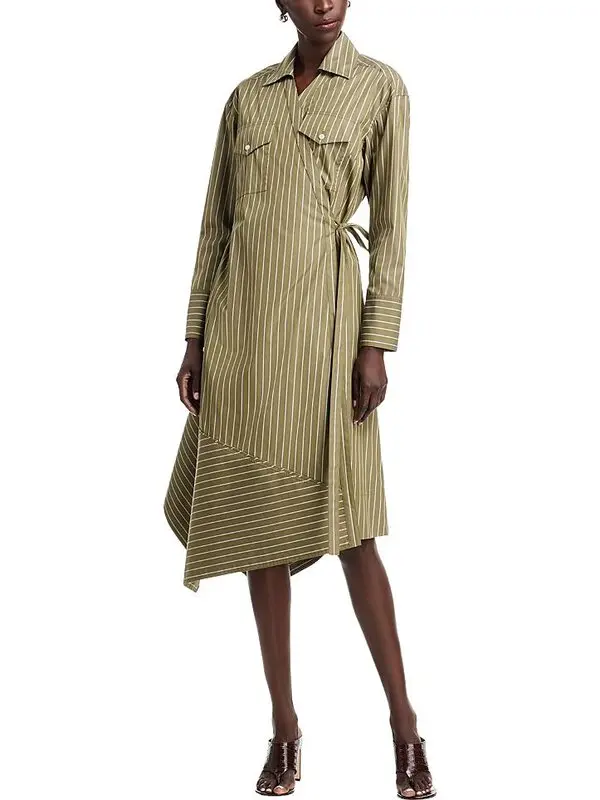 3.1 Phillip Lim Striped Poplin Asymmetrical Wrap Shirt Dress - Olive Multi