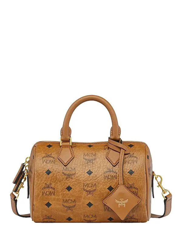 Mcm Ella Boston Small Visetos Leather Shoulder Bag - Cognac