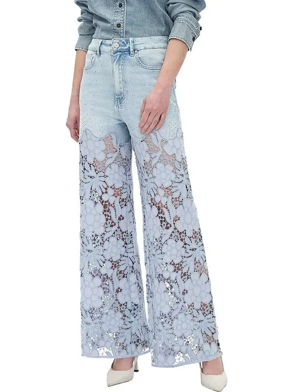 BAYEAS Super High Rise Wide Leg Jeans With Lace Patchwork - Light Blue