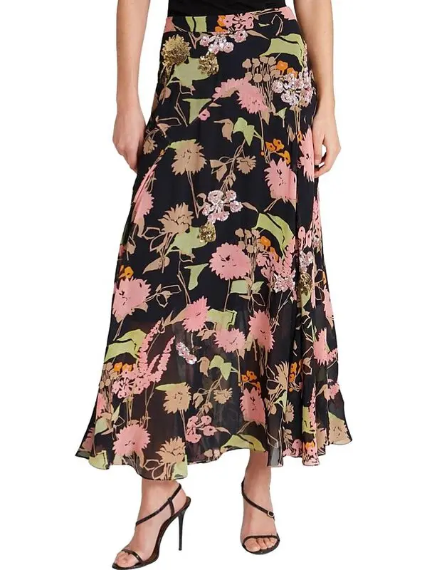 TEMPERLEY LONDON Maisie Floral Georgette Skirt With Sequin Embellishment - Black Mix