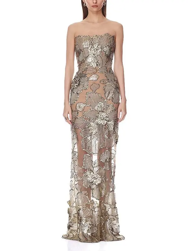 BRONX AND BRONCO Tiffany Sequin Floral Strapless Maxi Dress - Sage