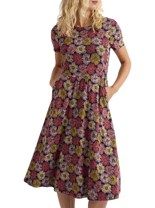SEASALT CORNWALL April Short Sleeve Floral Midi Dress - Painted Asters Maritime