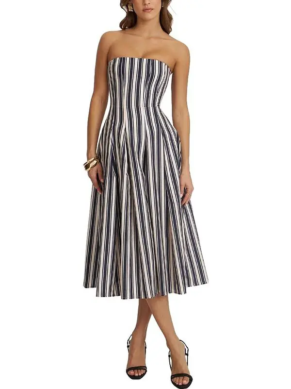 MISS CIRCLE Strapless Striped Midi Dress - Black And White Stripe