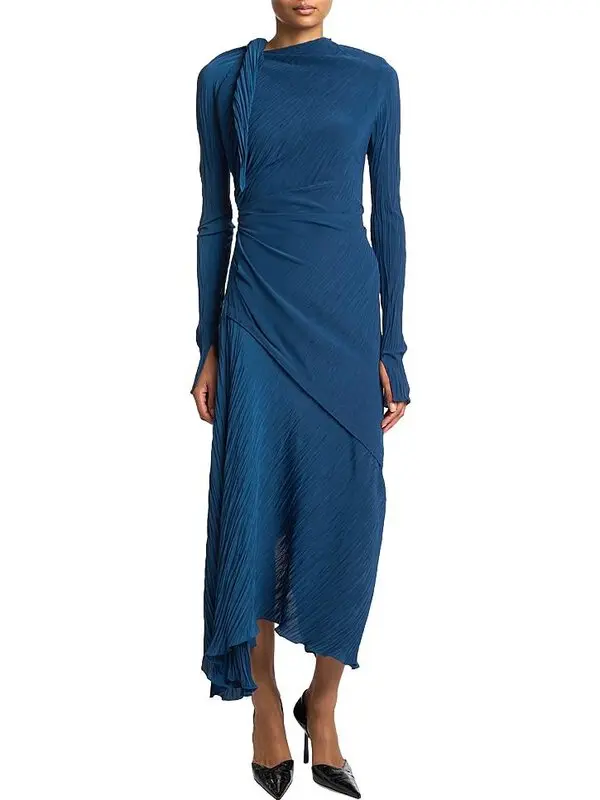 Victoria Beckham Long Sleeve Plisse Dress - Dark Ocean
