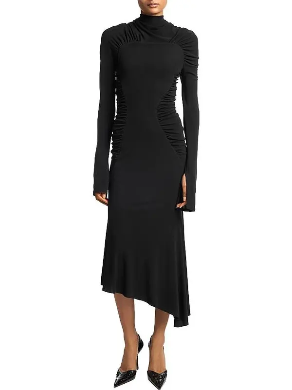 Victoria Beckham Long Sleeve Gathered Midi Dress - Black