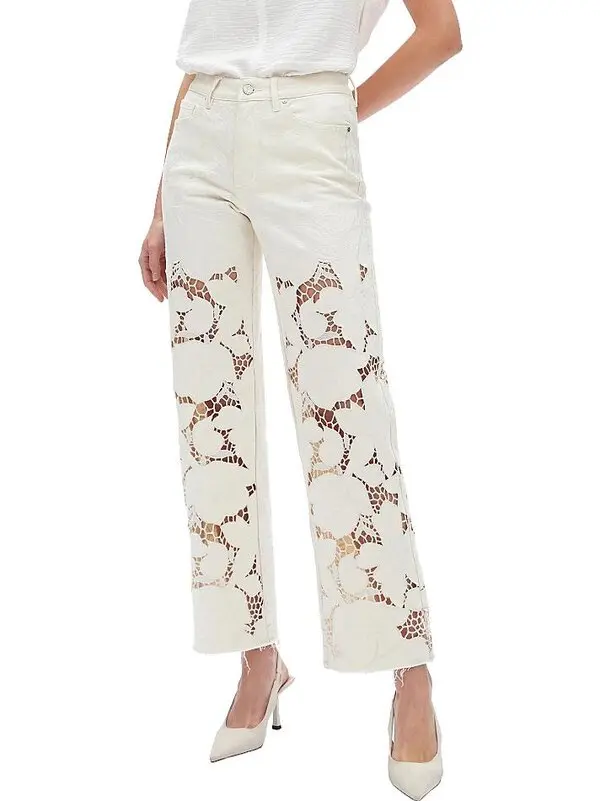 BAYEAS High Rise Relaxed Straight Jeans With Floral Cutout Embroidery - Beige