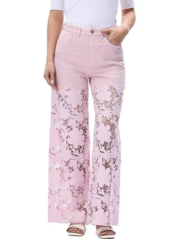 BAYEAS Ultra High Rise Lace Patchwork Wide Leg Jeans - Lavender Pink