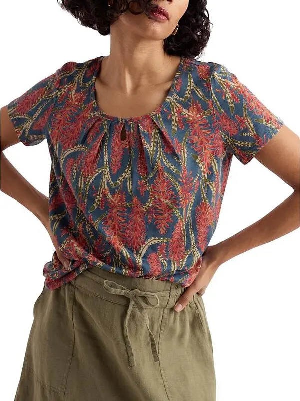 SEASALT CORNWALL Appletree Scoop Neck Jersey T-shirt With Floral Print - Red Hot Poker Dusk