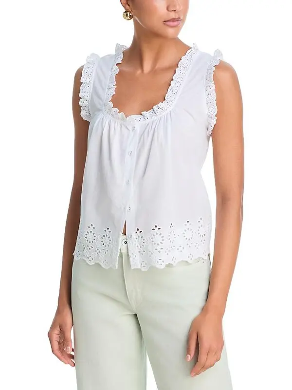 Aqua Sleeveless Cotton Tank Top With Eyelet Detailing - Optic White