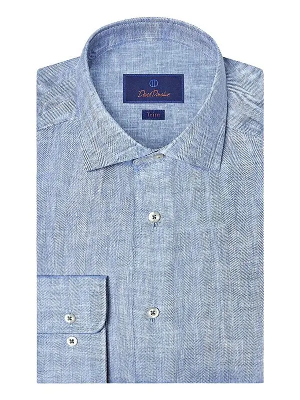 David Donahue Trim Fit Linen Herringbone Dress Shirt - Denim