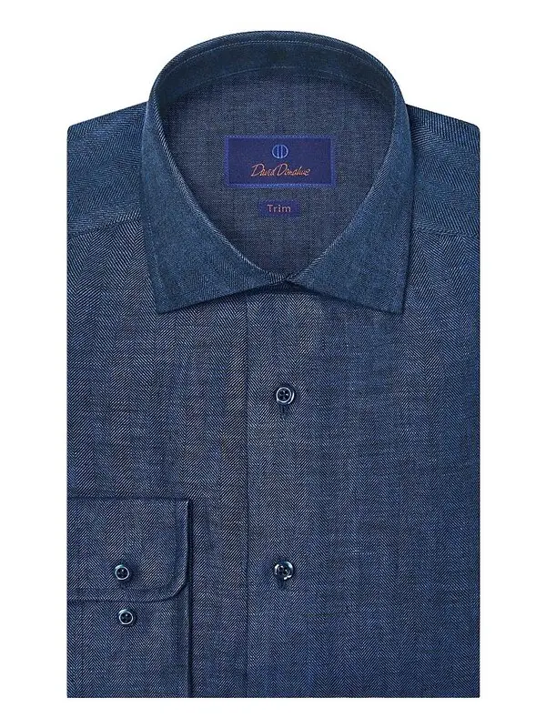 David Donahue Trim Fit Linen Herringbone Dress Shirt - Navy