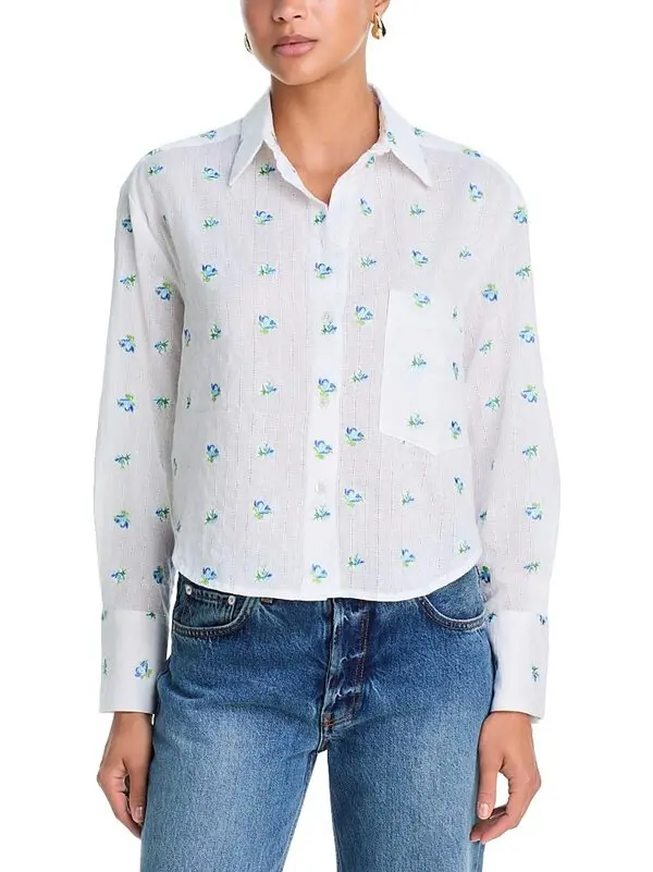 CISSA Embroidered Floral Long Sleeve Shirt - Blue Embroidered Floral
