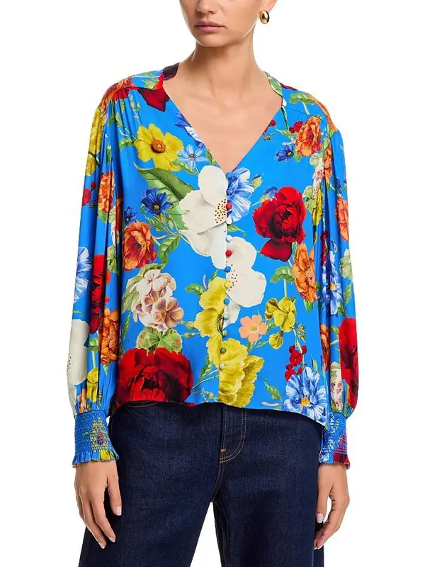 Alice + Olivia Serena Floral Print Viscose Blouse - Endless Blossom Blue Iris