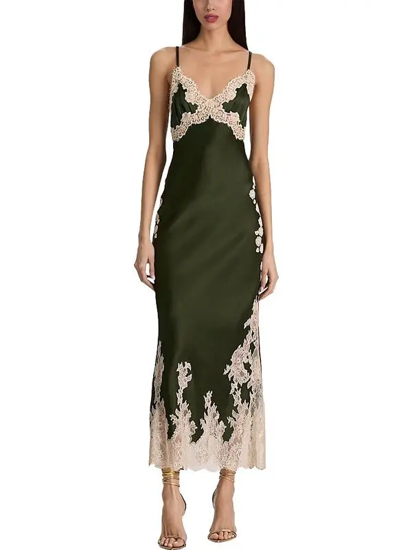 Alice + Olivia Julietta Lace Trim Slip Dress - Dark Fern/biscotti