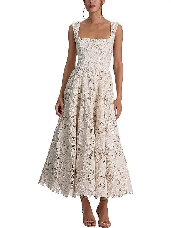 Alice + Olivia Esma Square Neck Flared Lace Midi Dress - Natural