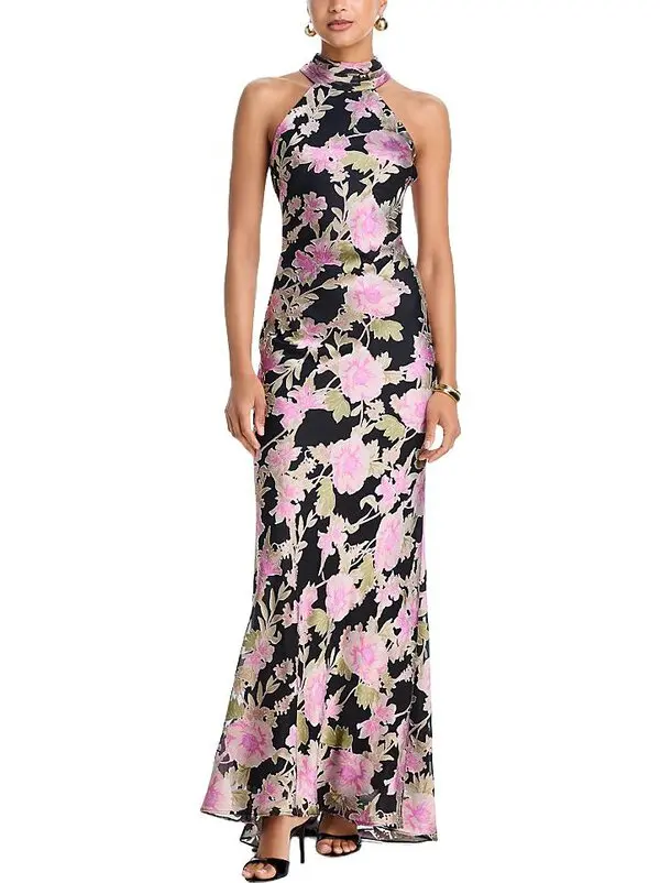 Aqua Floral Burnout Chiffon Gown - Black/multi