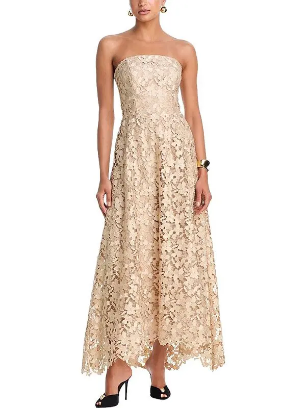 Aqua Strapless Floral Lace Gown - Gold