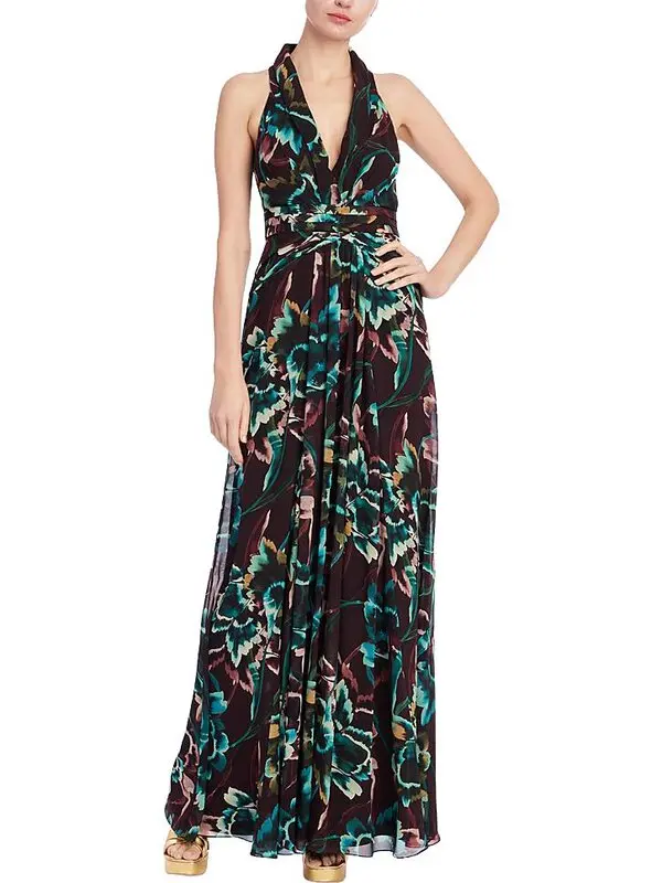 Badgley Mischka Floral Halter Neck Maxi Dress - Wine Floral