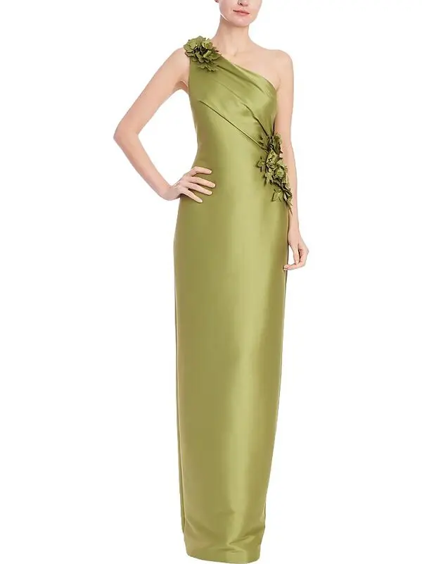 Badgley Mischka One Shoulder Gown With Flower Appliqués - Charteuse