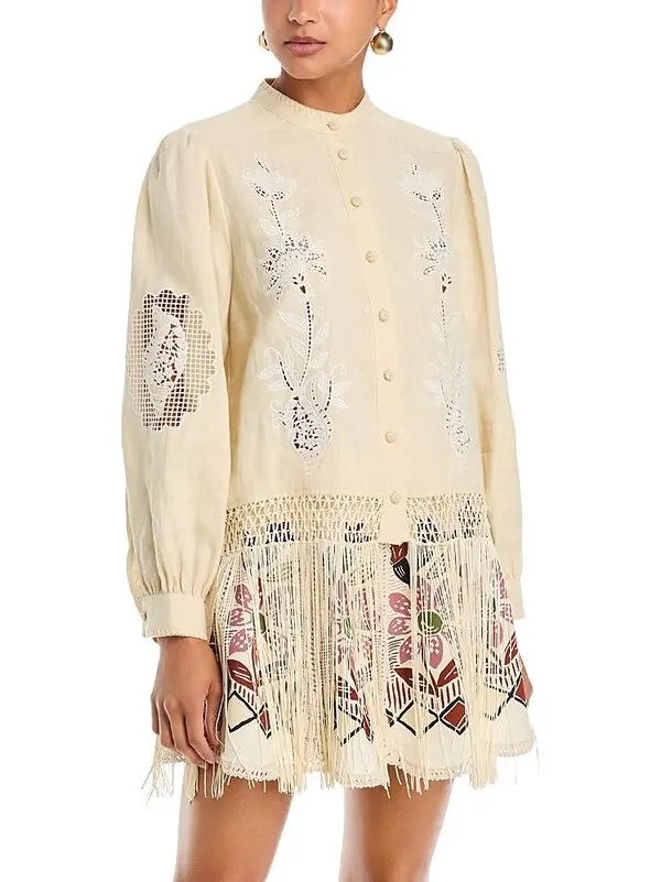 Farm Rio Embroidered Linen Long Sleeve Shirt - Sand