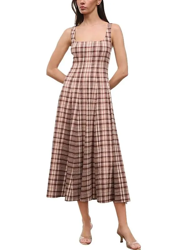 Staud Wells Midi Dress Plaid Square Neck Sleeveless - Tuscany Plaid