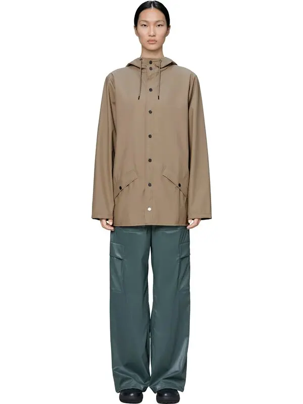 Rains Waterproof Pu Jacket With Drawstring Hood And Fishtail Hem - Beige